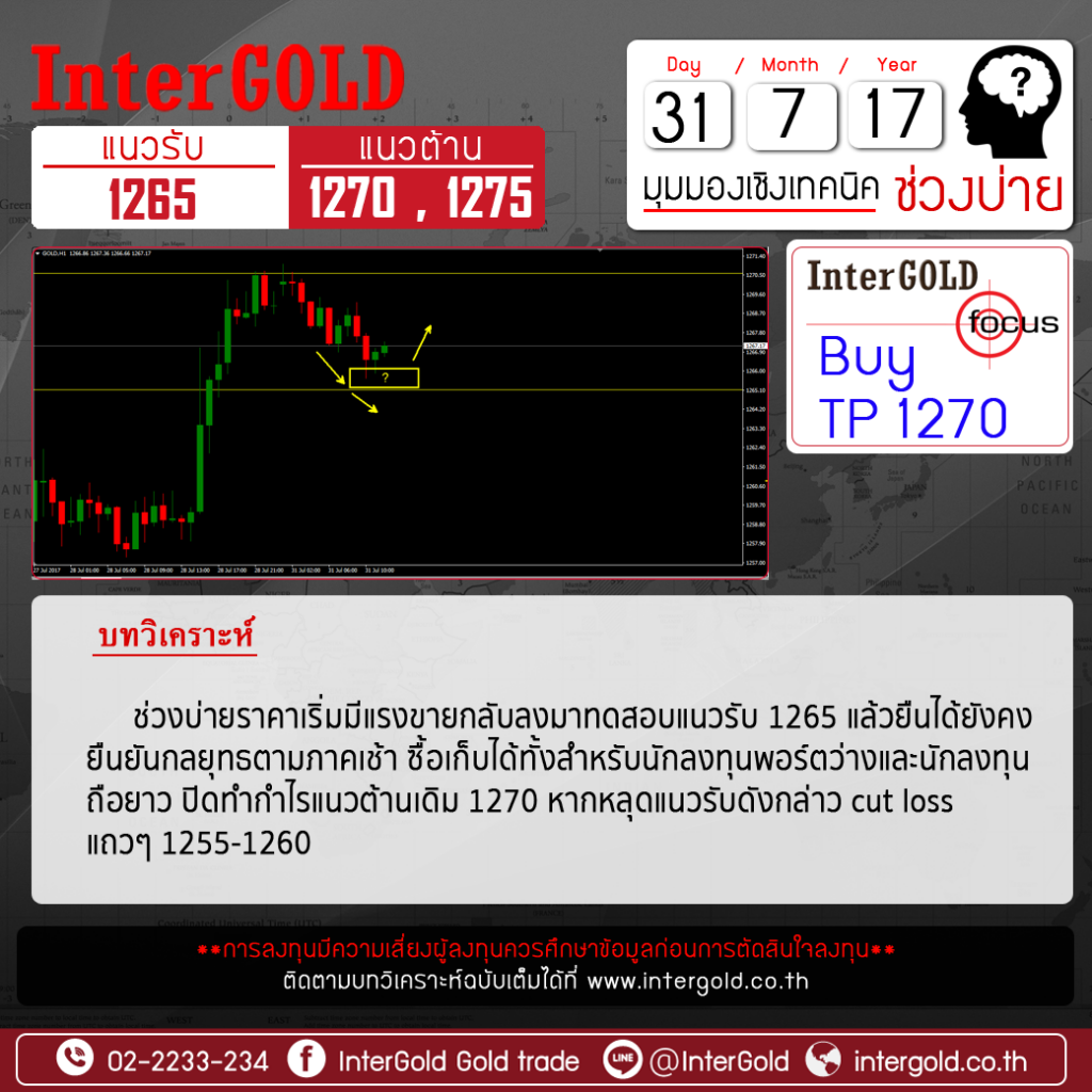 บทวิเคราะห์ทองคำประจำวันที่ 31 กรกฎาคม 2560 (ช่วงบ่าย) - InterGold