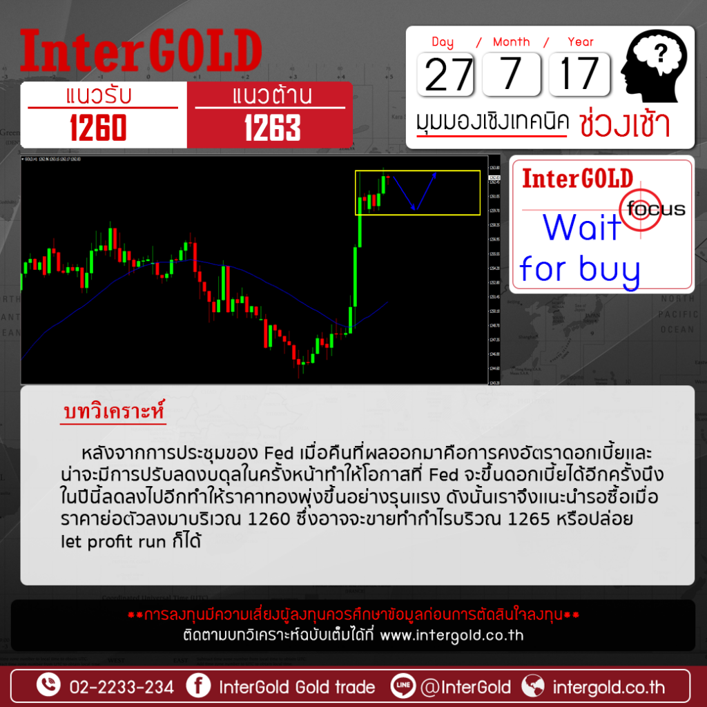 บทวิเคราะห์ทองคำประจำวันที่ 27 กรกฎาคม 2560 (ช่วงเช้า) - InterGold