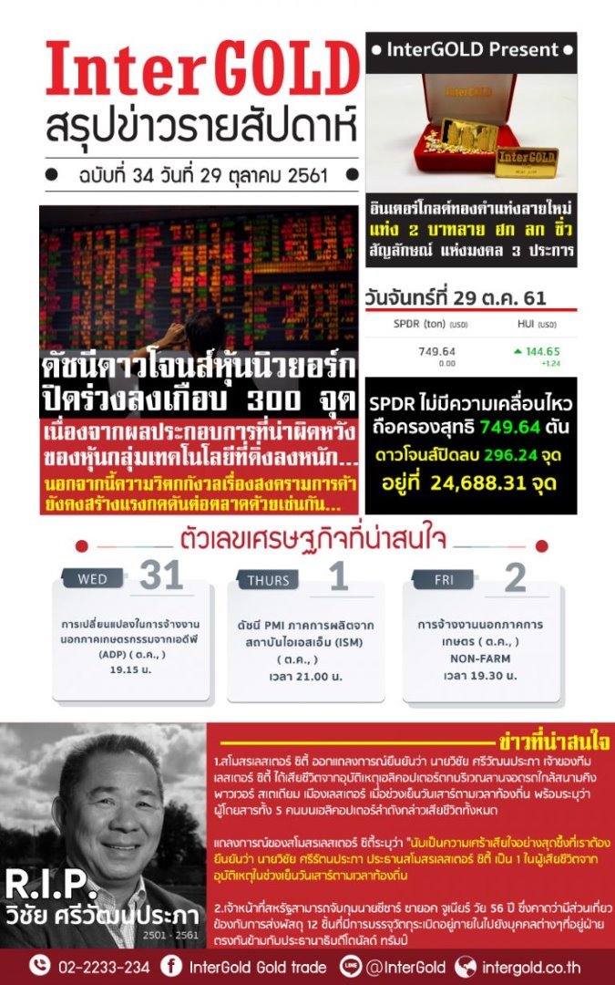 อินเตอร์โกลด์สรุปข่าวรายสัปดาห์ ฉบับที่ 34 วันที่ 29 ตุลาคม 2561 - InterGold